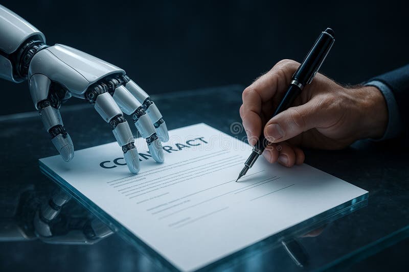 Robot and Human Signing Glowing Contract on Crystal Table Stock Image ...