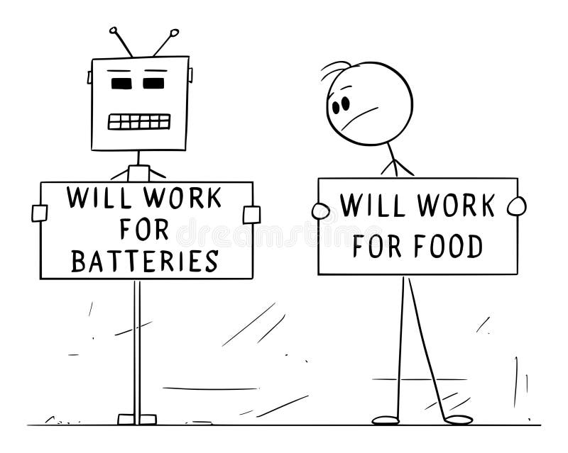 Human and Robot Workers Looking for Job , Vector Cartoon Stick Figure ...