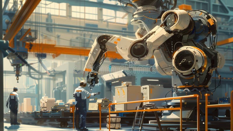 Robot and Human Working Together in a Factory, Blue and Orange for a ... Robot and Human Working Together in a Factory, Blue and Orange for a ...