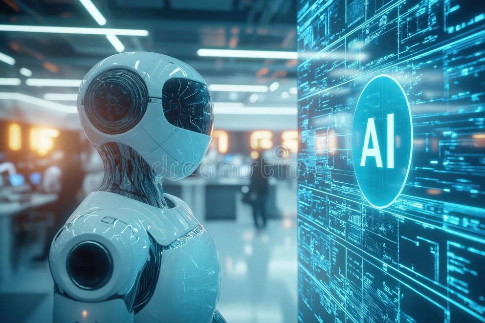 Robot Humanoid Analyzing Complex Data Related To Artificial Intelligence on Futuristic Screen ...