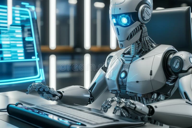 Robot Humanoid Android Cyborg with Artificial Intelligence Working at ...