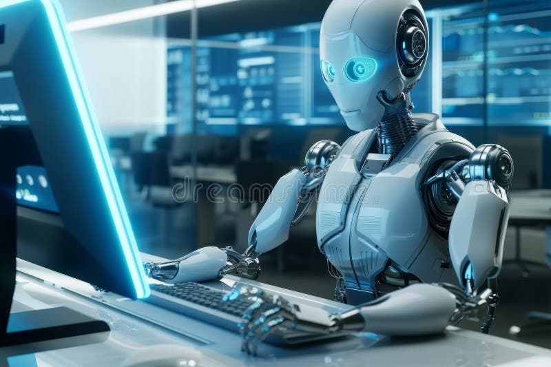 Robot Humanoid Android Cyborg with Artificial Intelligence Working at ...