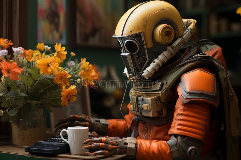 Robot Humanoid Drinking Coffee in a Cafe Stock Illustration ...