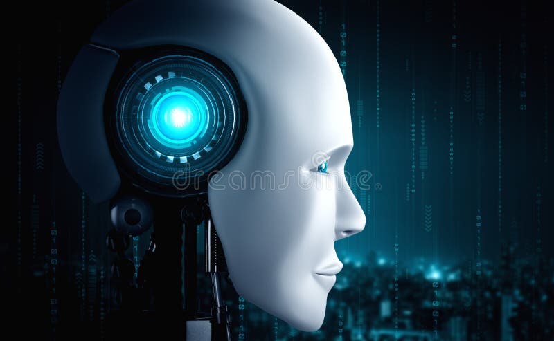 Robot Humanoid Face Close Up with Graphic Concept of AI Thinking Brain ...