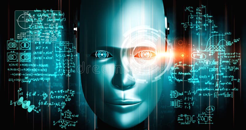 Robot Humanoid Face Close Up with Graphic Concept of Engineering ...