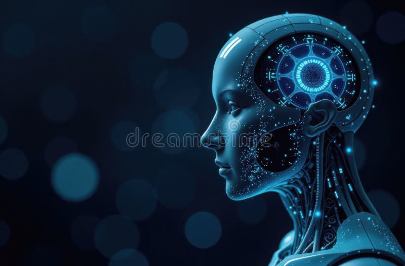 Robot Humanoid Face Close Up with Graphic Concept of Engineering ...