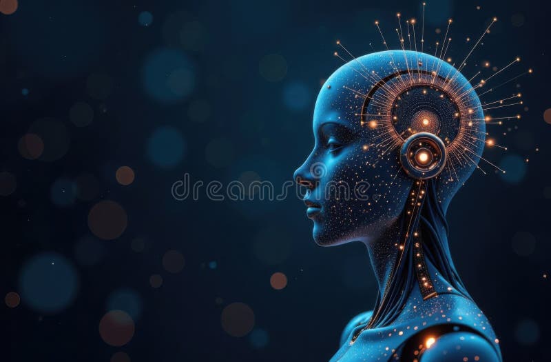 Robot Humanoid Face Close Up with Graphic Concept of Engineering ...