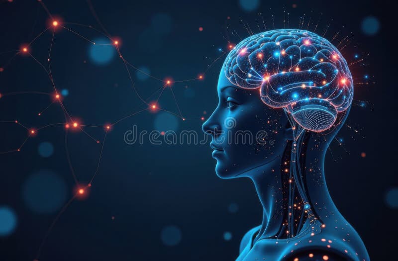 Robot Humanoid Face Close Up with Graphic Concept of Engineering ...