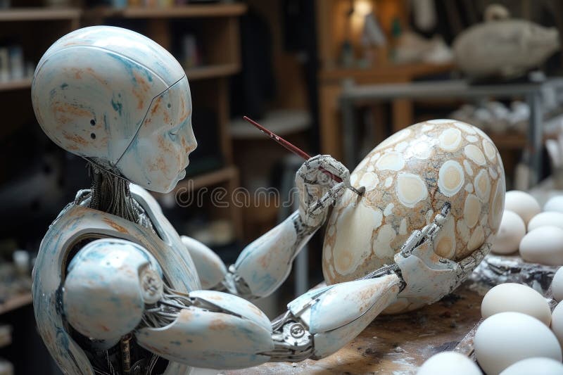 A Robot with a Humanoid Head Paints an Easter Egg, Standing at a Table ...