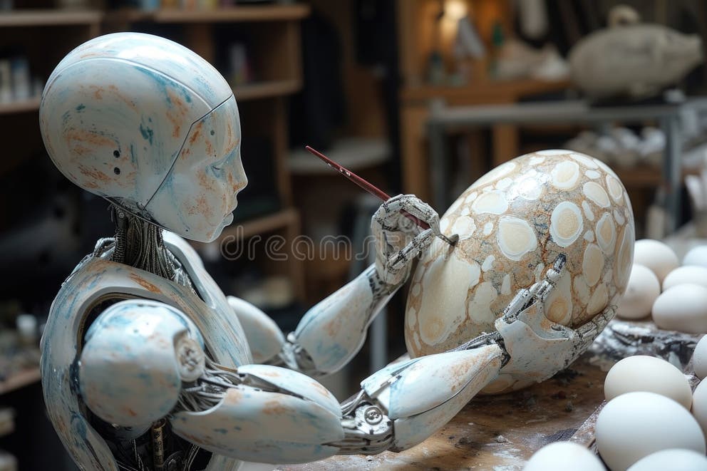 A Robot with a Humanoid Head Paints an Easter Egg, Standing at a Table ...