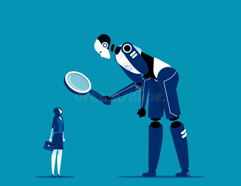 Robot Humanoid Looking through the Magnifying Glass. Concept Artificial ...