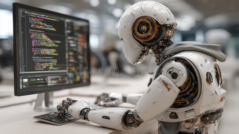 Robot Humanoid Modern Sleek Coding As a Developer at Computer, Artificial Intelligence ...