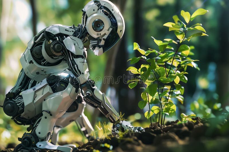 Robot Humanoid Planting Tree Seedling in Ground in Forest. Anti ...