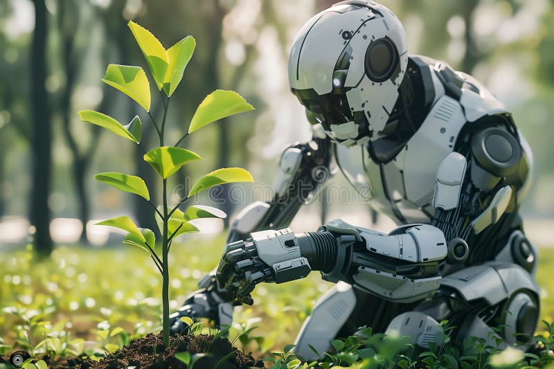 Robot Humanoid Planting Tree Seedling in Ground in Forest. Anti ...