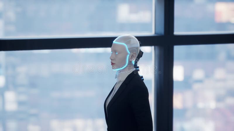 A Robot Humanoid Staying in the Empty Office and Looking Out the Window ...