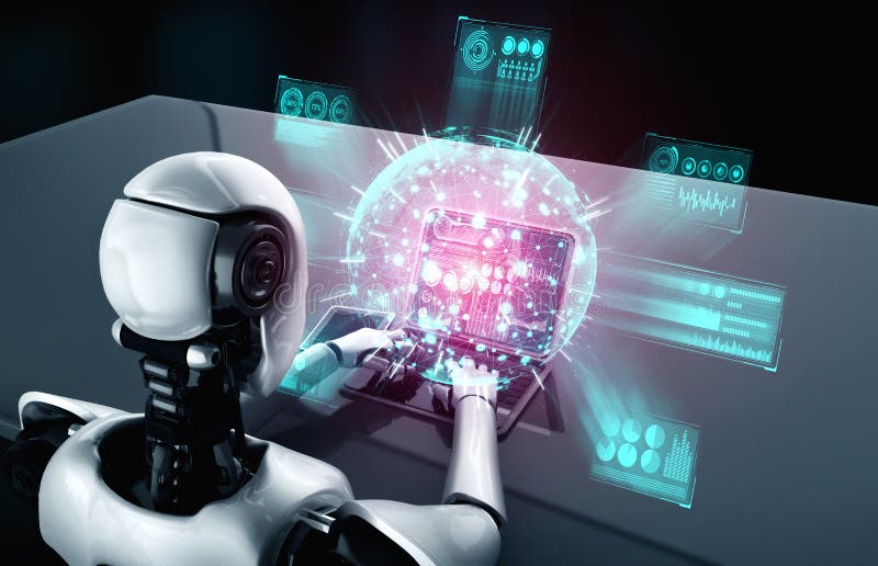 Robot Humanoid Use Laptop and Sit at Table for Big Data Analytic Stock ...