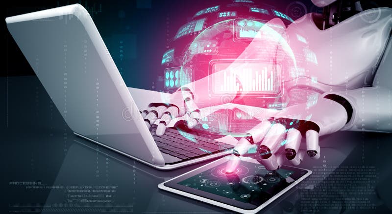 Robot Humanoid Use Laptop and Sit at Table for Big Data Analytic Stock ...