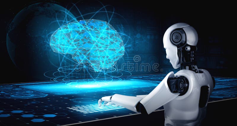 Thinking AI Humanoid Robot Analyzing Hologram Screen Shows Concept of ... Thinking AI Humanoid Robot Analyzing Hologram Screen Shows Concept of ...