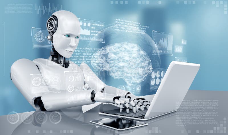 Thinking AI Humanoid Robot Analyzing Hologram Screen Shows Concept of ... Thinking AI Humanoid Robot Analyzing Hologram Screen Shows Concept of ...