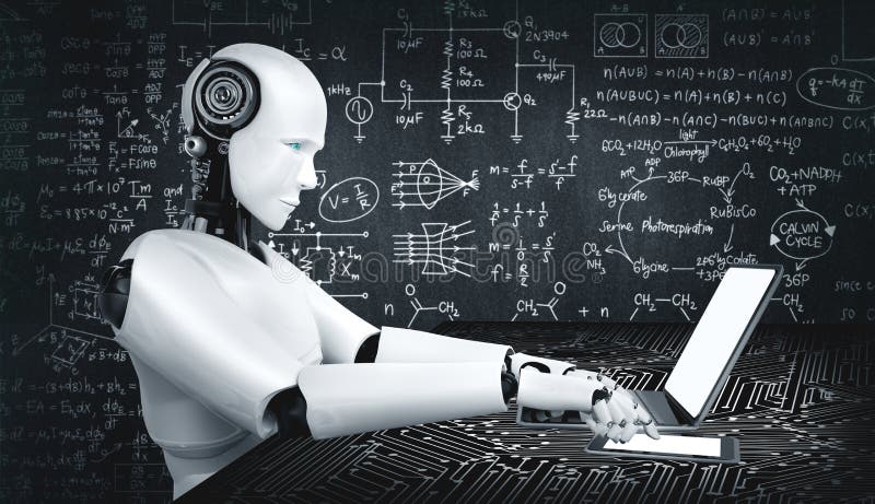 Robot Humanoid Use Laptop and Sit at Table for Engineering Science ...