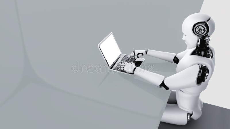 Robot Humanoid Use Laptop and Sit at Table in Future Office Stock ...