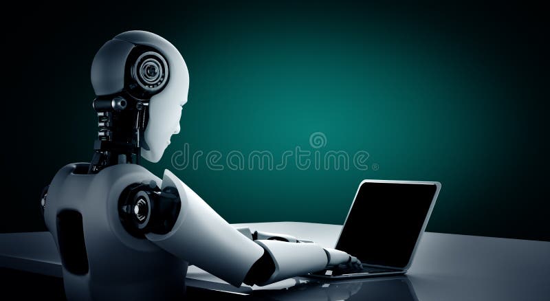 Robot Humanoid Use Laptop and Sit at Table in Future Office Stock ...