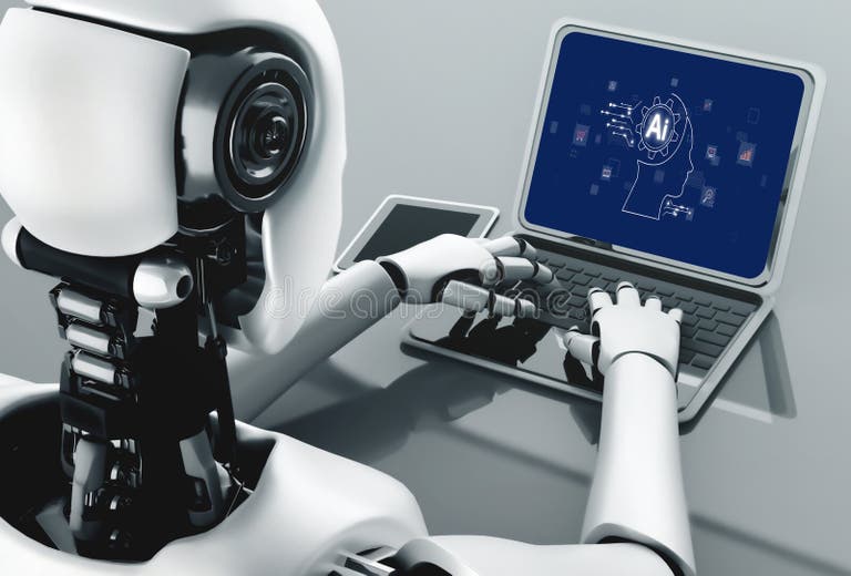 Robot Humanoid Use Laptop and Sit at Table in Future Office Stock ...