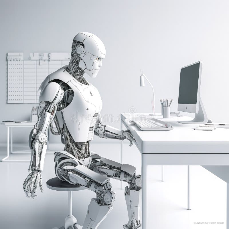 Robot Humanoid Use Laptop Using AI Thinking Brain, Generative AI. Stock ...