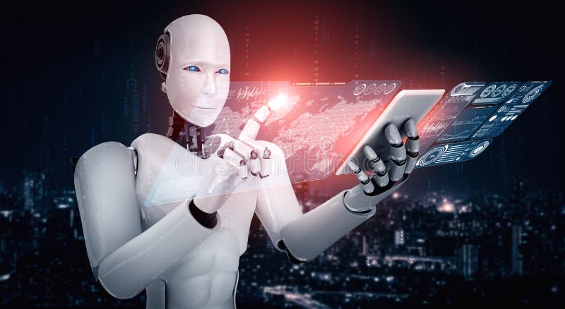 Robot Humanoid Use Mobile Phone or Tablet for Big Data Analytic Stock ...