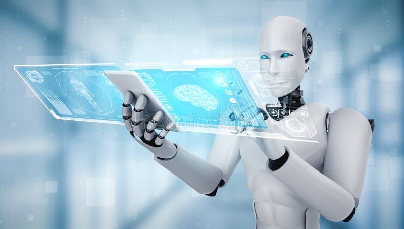 Robot Humanoid Use Mobile Phone or Tablet in Concept of AI Thinking ...