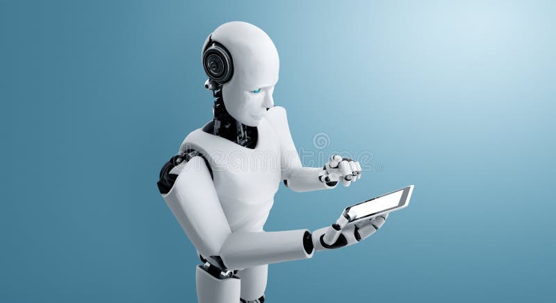 Robot Humanoid Use Mobile Phone or Tablet in Future Office Stock ...