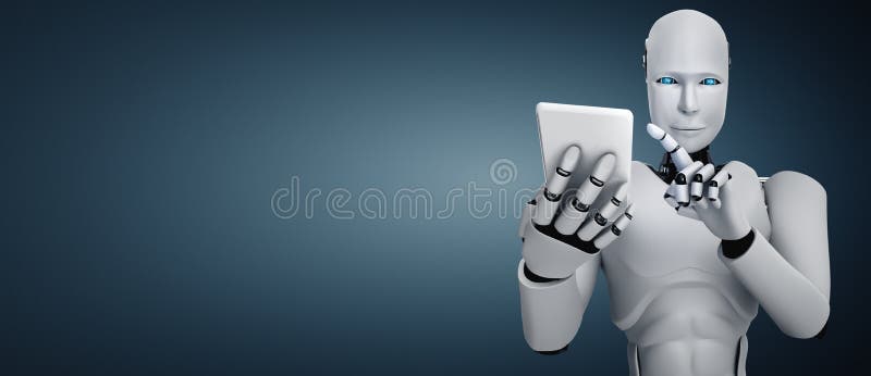Robot Humanoid Use Mobile Phone or Tablet in Future Office Stock ...