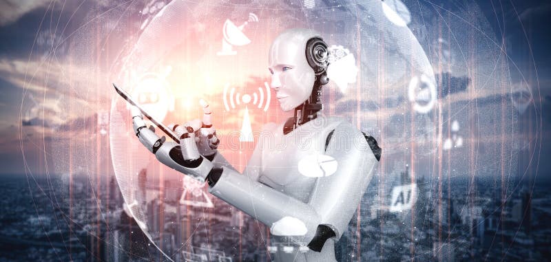 Robot Humanoid Use Mobile Phone or Tablet for Global Network Connection ...