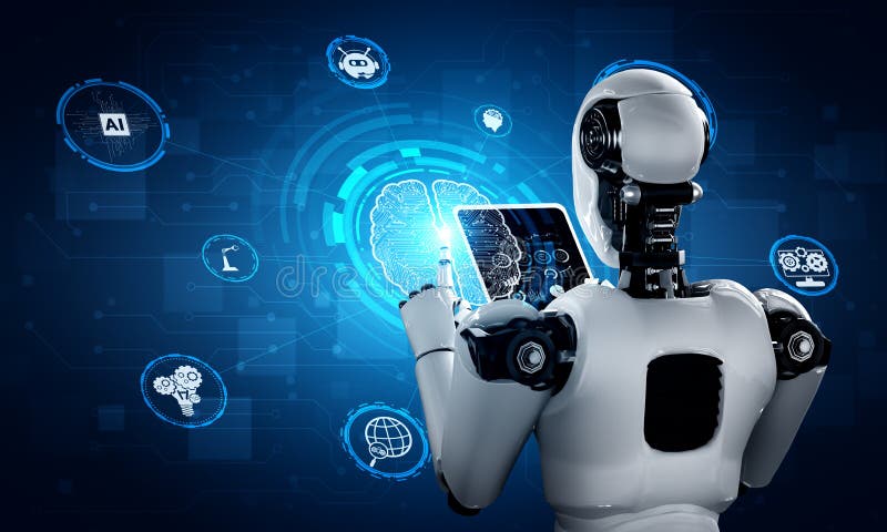 Thinking AI Humanoid Robot Analyzing Hologram Screen Shows Concept of ... Thinking AI Humanoid Robot Analyzing Hologram Screen Shows Concept of ...