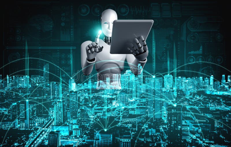 Robot Humanoid Using Tablet Computer for Global Network Connection Stock Illustration ...
