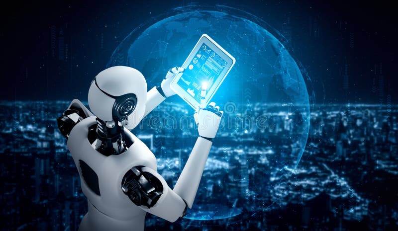 Robot Humanoid Using Tablet Computer for Global Network Connection Stock Illustration ...