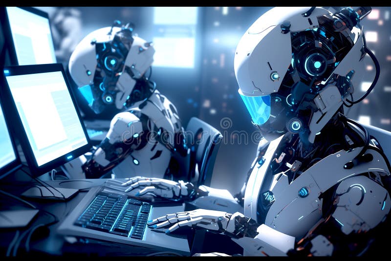 Robot Humanoid Working on Computer, Looking at a Screen. Hard Working ...