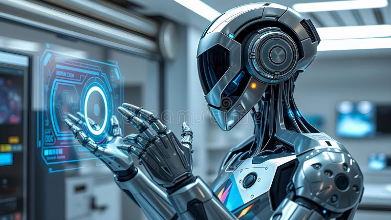 Robot Humanoid Working with Digital Tablet in His Hands Stock ...