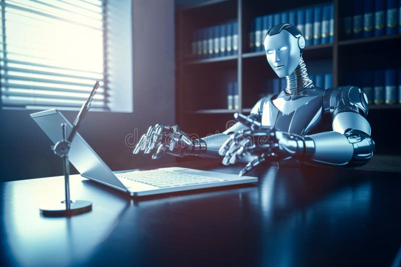 Robot Humanoid Working on Laptop Computer in Office. Generative AI ... Robot Humanoid Working on Laptop Computer in Office. Generative AI ...