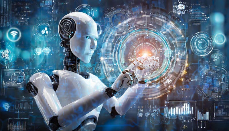 Robot Humanoid Working with New Modern Computer. AI Generated Stock ...