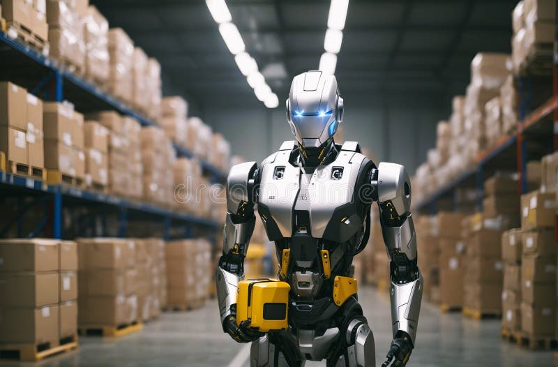 Robot Humanoid Working in Warehouse Concept Background, Robotic Ai ...