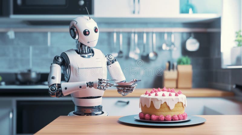 Robot Icing a Cake in a Futuristic Kitchen with a Modern Design Stock ...