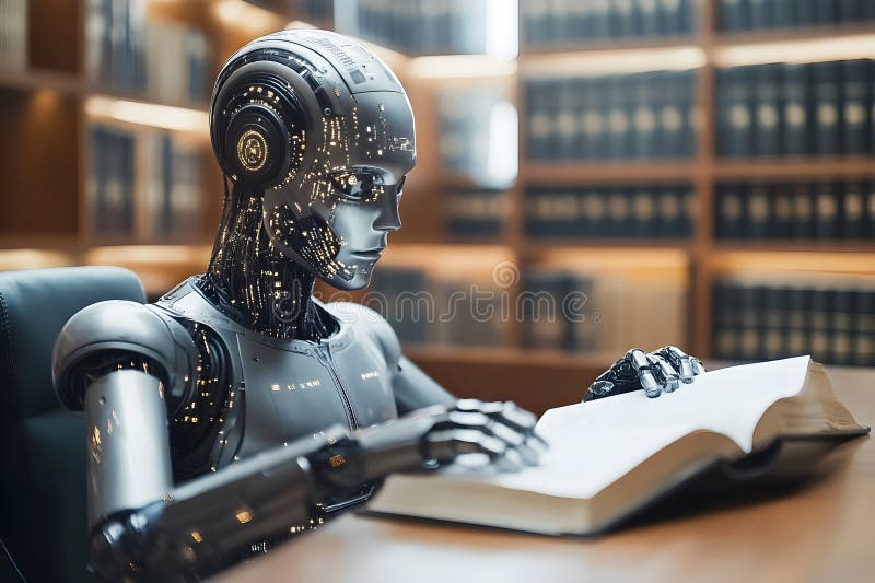 Robot with Illuminated Circuits Studying an Open Book in a Library ...