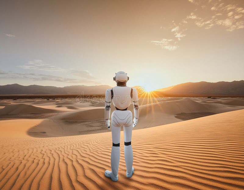 Robot in Desert during Sunset Stock Illustration - Illustration of ...