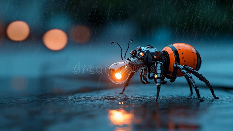 A Robot Insect with a Light Bulb on Its Head in the Rain Stock Image ...
