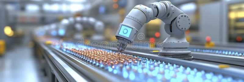 Robot Inspects Vibrant Microchip on Assembly Line Stock Illustration ...