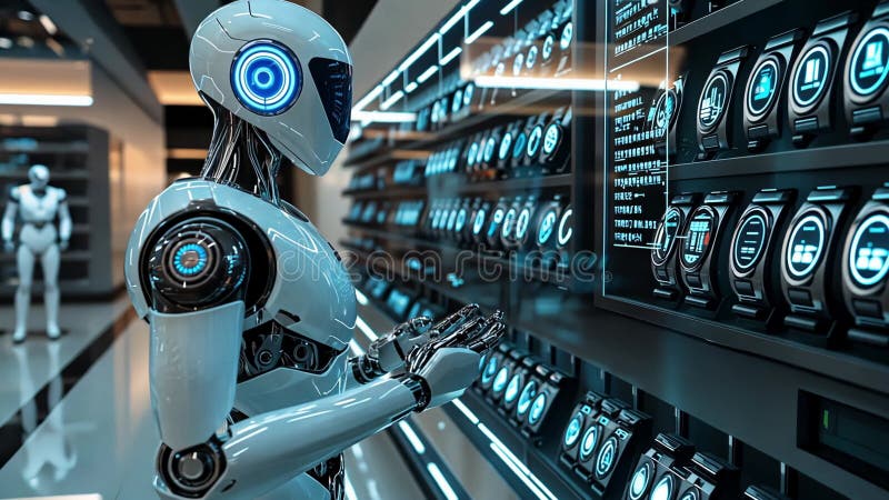 A Robot Interacting with an Advanced Smart Technology Display Stock ...