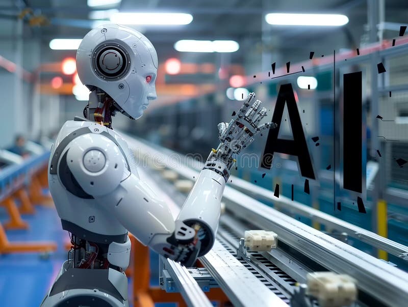 Robot Interacting with Ai Sign in Factory Stock Illustration ...