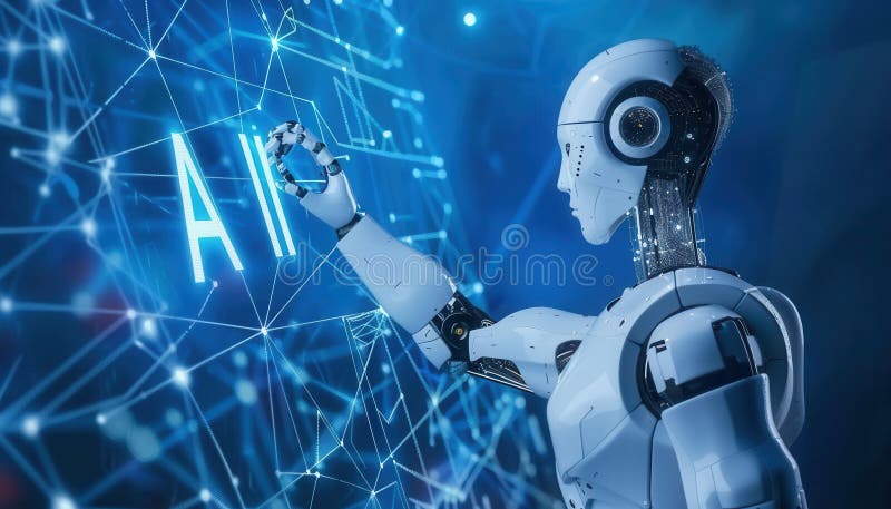 Robot Interacting with Artificial Intelligence Display in a Futuristic ...