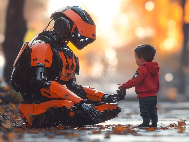 Robot Interacting with Child in an Autumn Environment Stock ...
